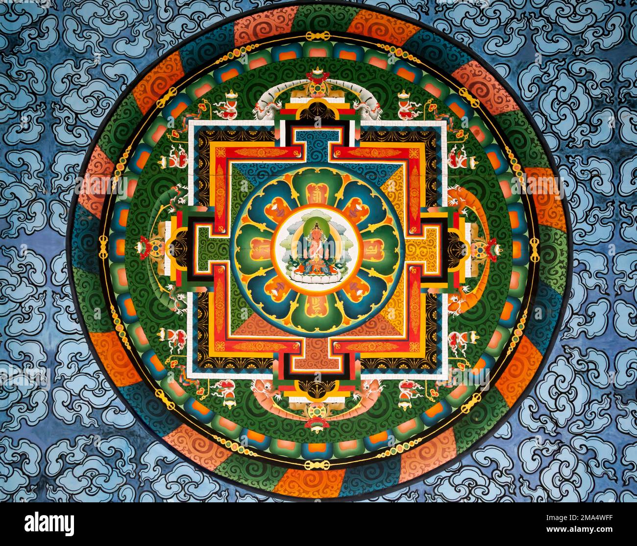 The inside entrance to a covered bridge over Wang Chhu river painted ...