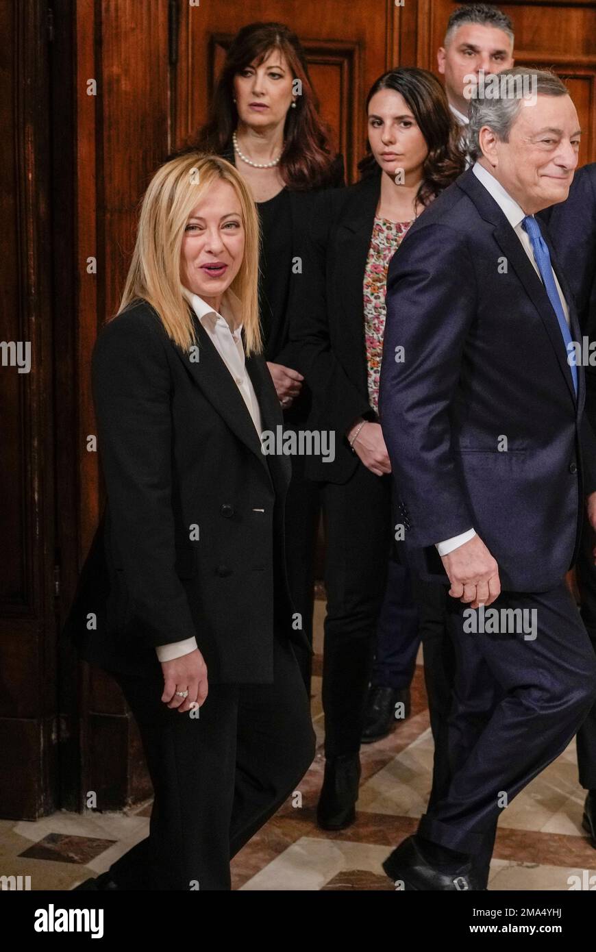 Italian outgoing Premier Mario Draghi, right, with new Premier Giorgia ...