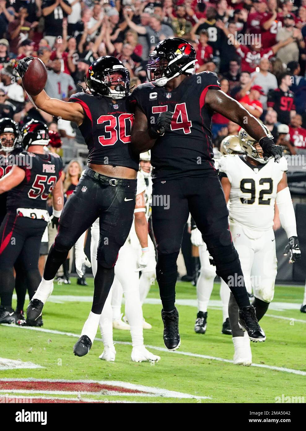 Arizona Cardinals' Keaontay Ingram(30) and D.J. Humphries (74) during ...