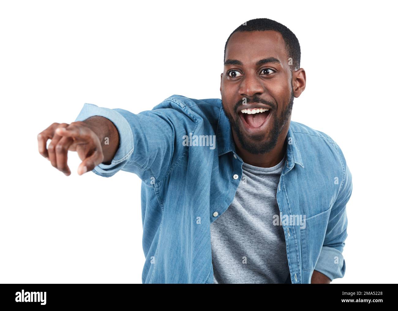 Black man, pointing and studio portrait with excited smile, motivation ...