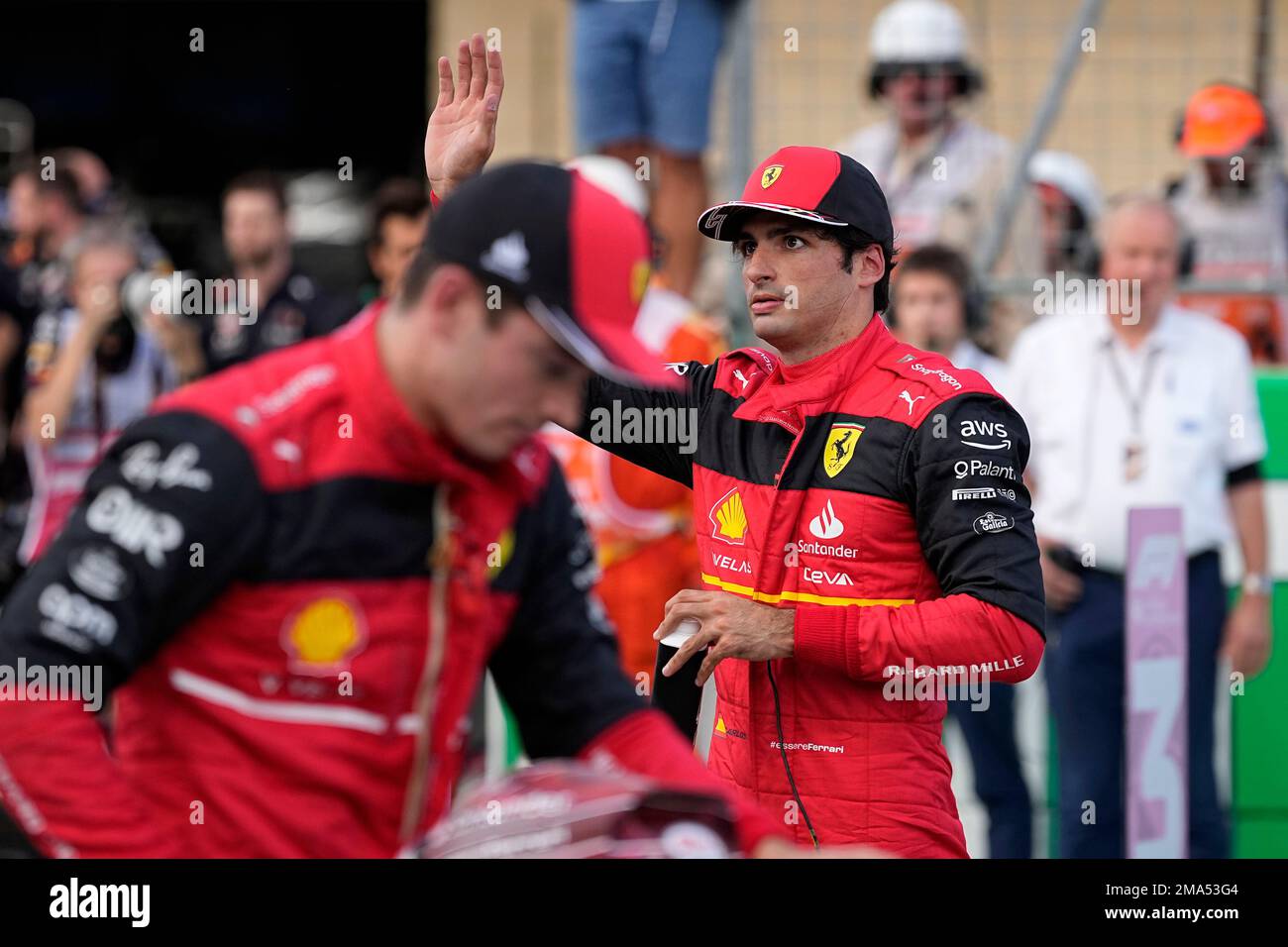 Ferrari driver Carlos Sainz, of Spain, reacts after qualifications for ...