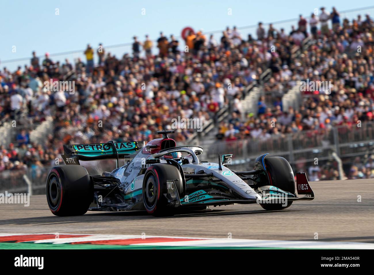 Mercedes driver George Russell, of Britain, drives during ...