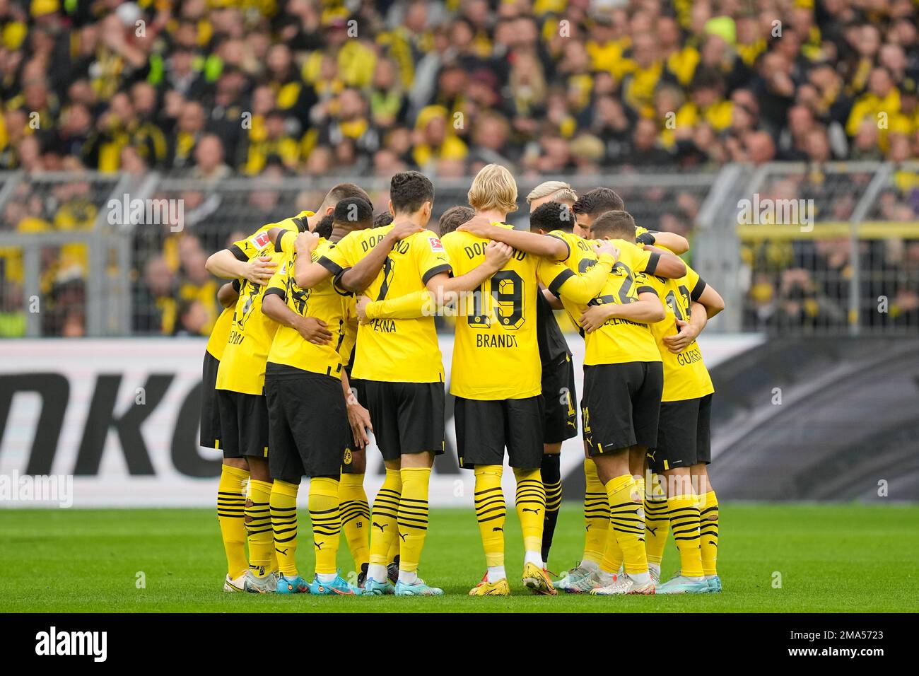 Dortmund's players huddle before the German Bundesliga soccer match ...
