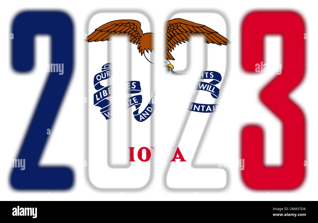 2023, isolated on white - With the flag of the US state of Iowa Stock ...