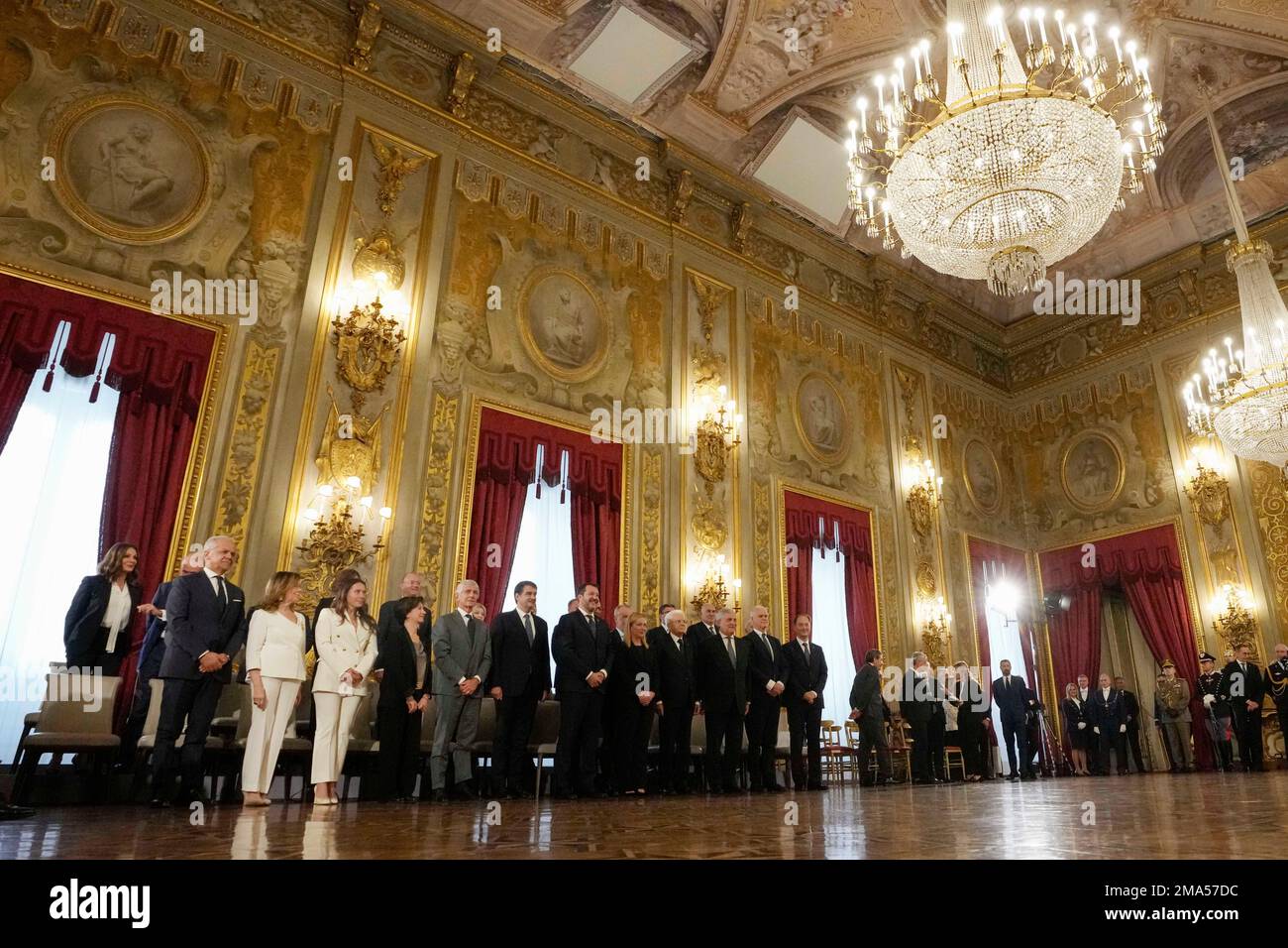 Newly sworn in Italian Premier Giorgia Meloni, center, and her Cabinet ...