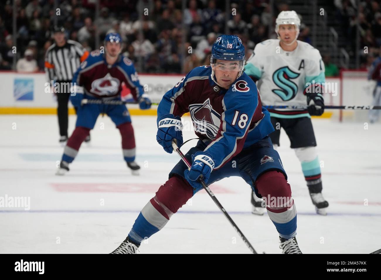 Colorado Avalanche center Alex Newhook (18) in the third period of an ...