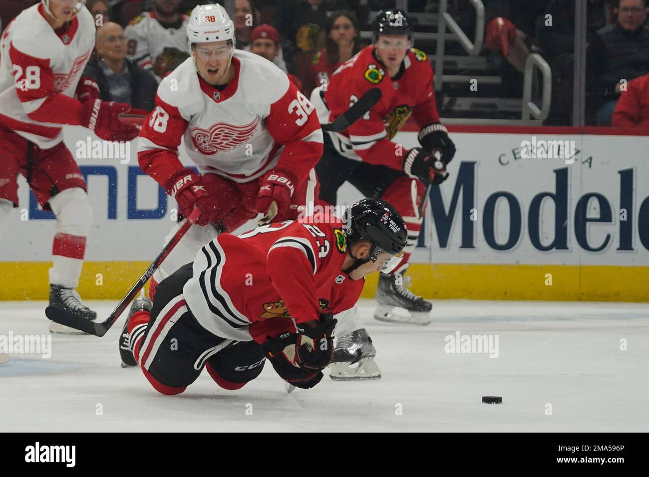 Detroit Red Wings defenseman Robert Hagg (38) defends against Chicago ...