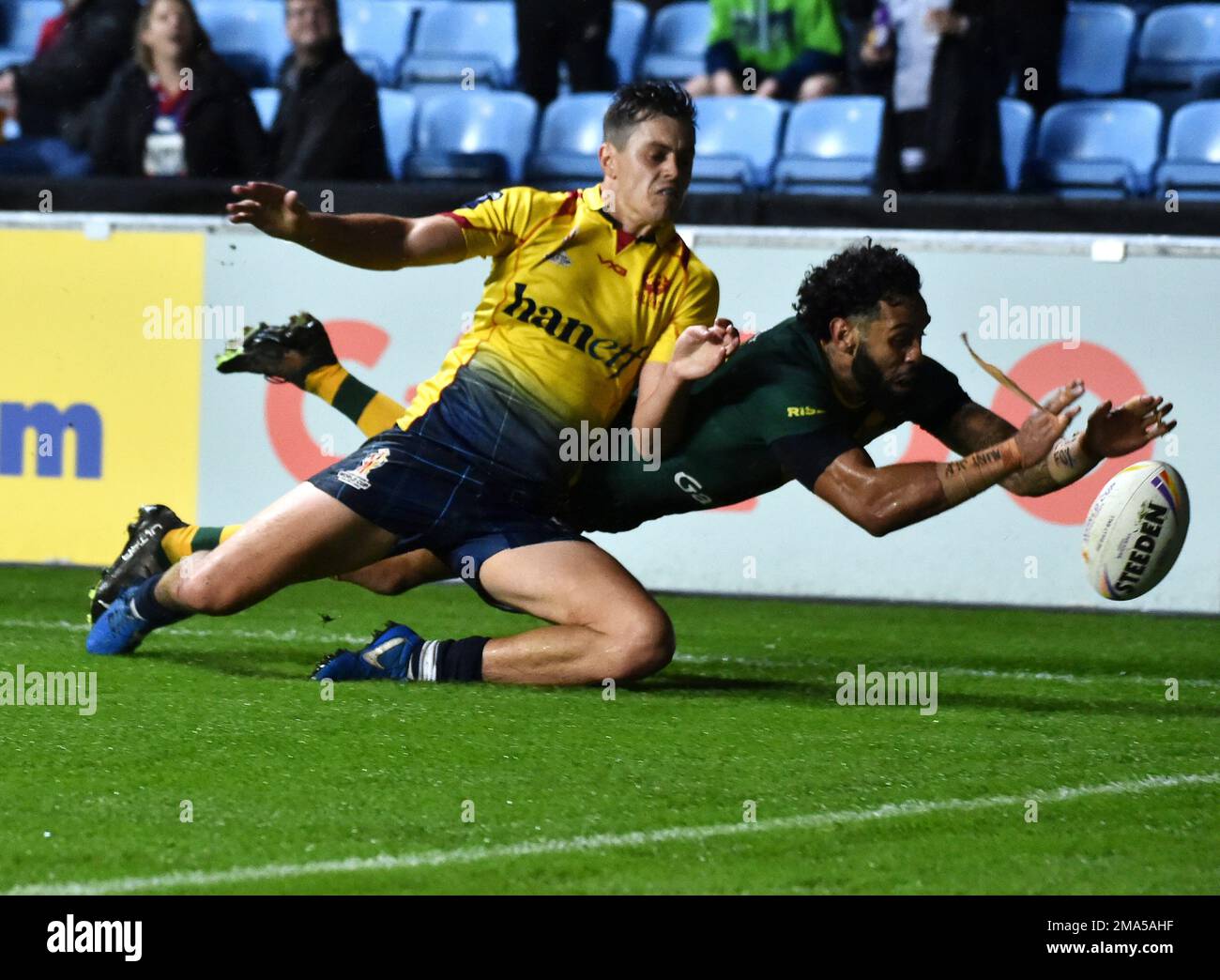 Australia's Josh Addo-Carr, right, scores a try during the Rugby League ...