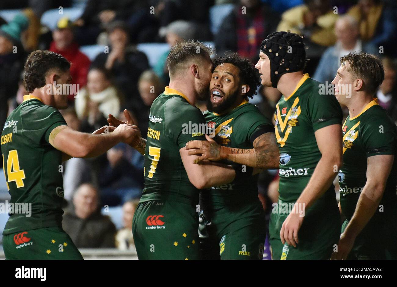Australia's Josh Addo-Carr, centre, celebrates with teammates after ...