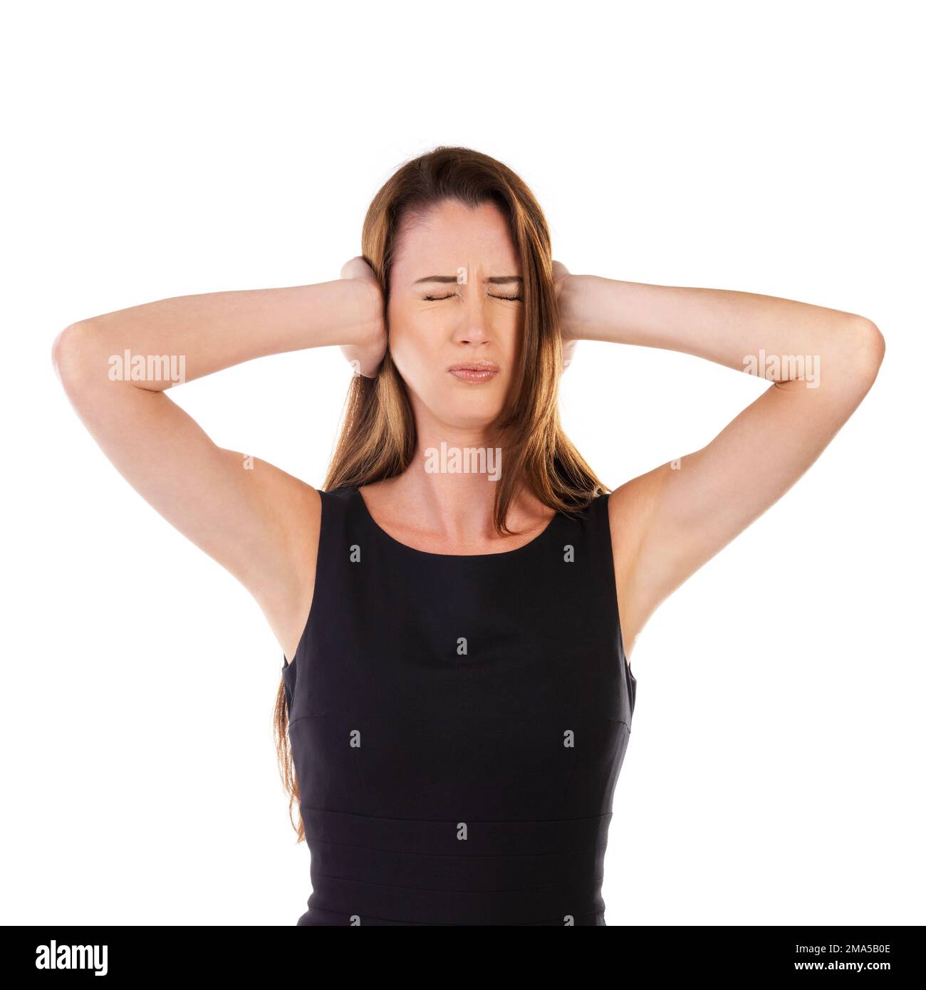 Woman, covering ears and isolated on a white background standing alone ...