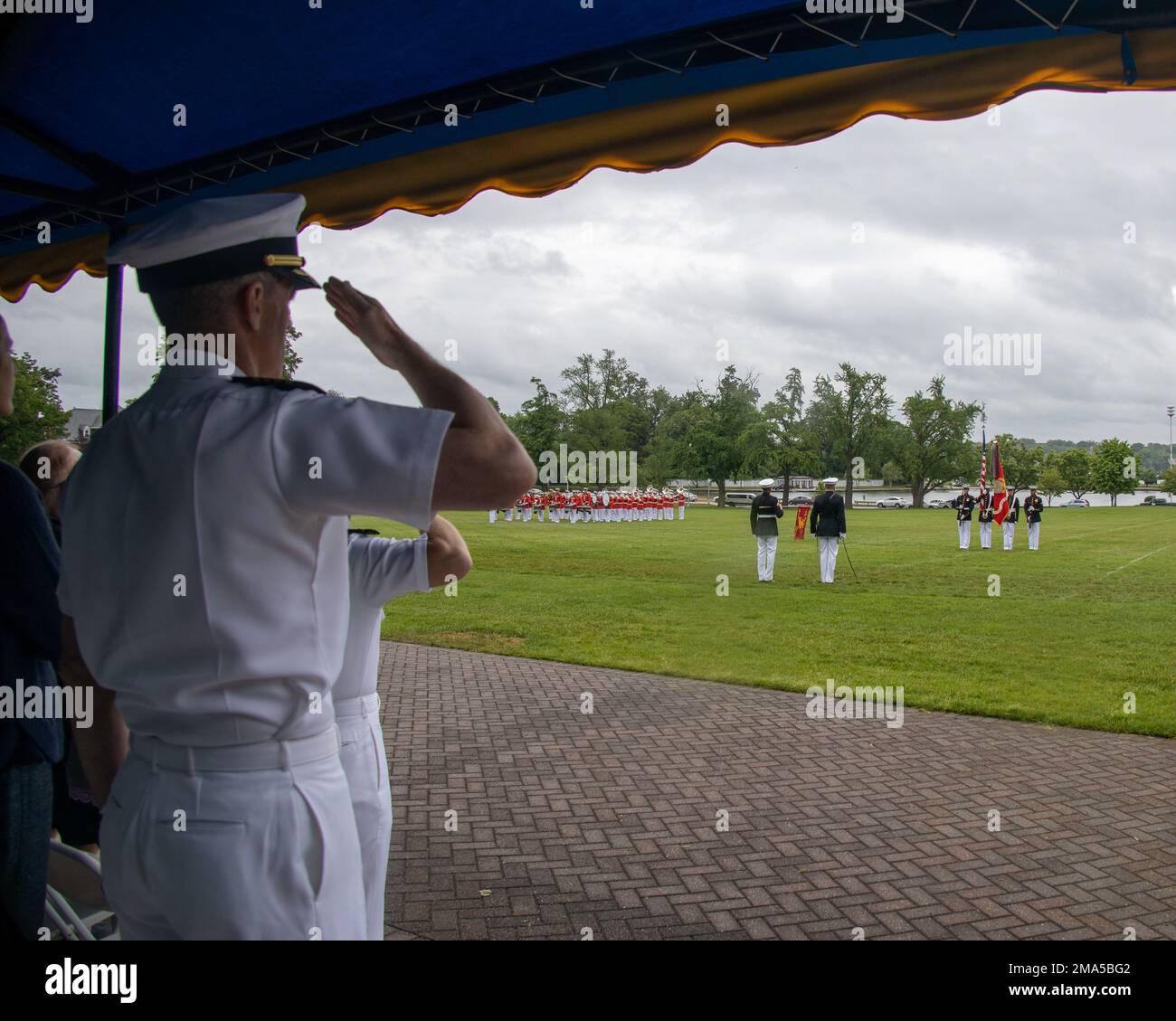 Marines with the Official U.S. Marine Corps Color Guard present the U.S ...