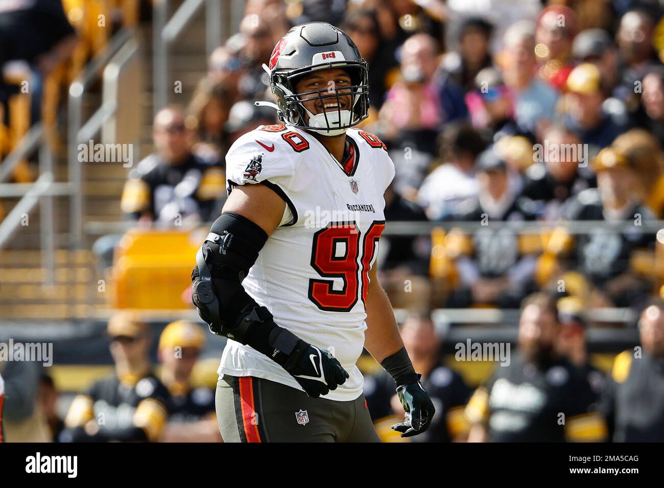 Tampa Bay Buccaneers' Logan Hall smiles after a turnover during an NFL football game against the ...