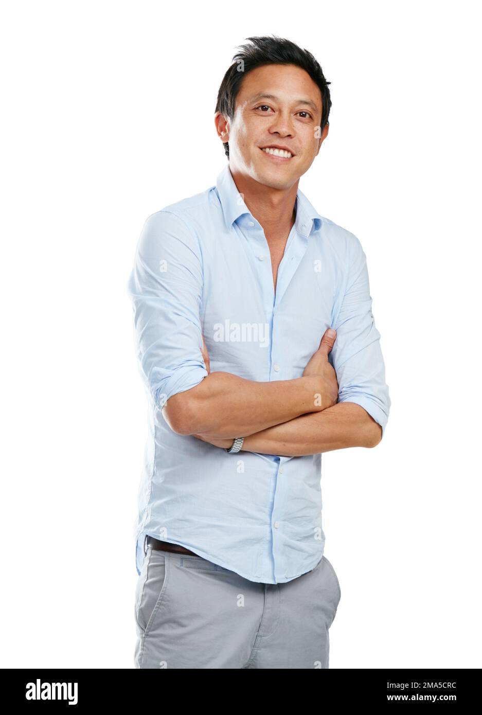 Portrait, man and proud asian in studio, happy and smile while posing ...