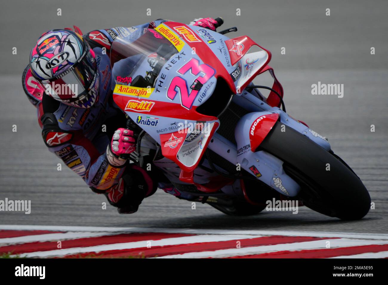 Italian rider Enea Bastianini of the Gresini Racing MotoGP steers his motorcycle during the ...