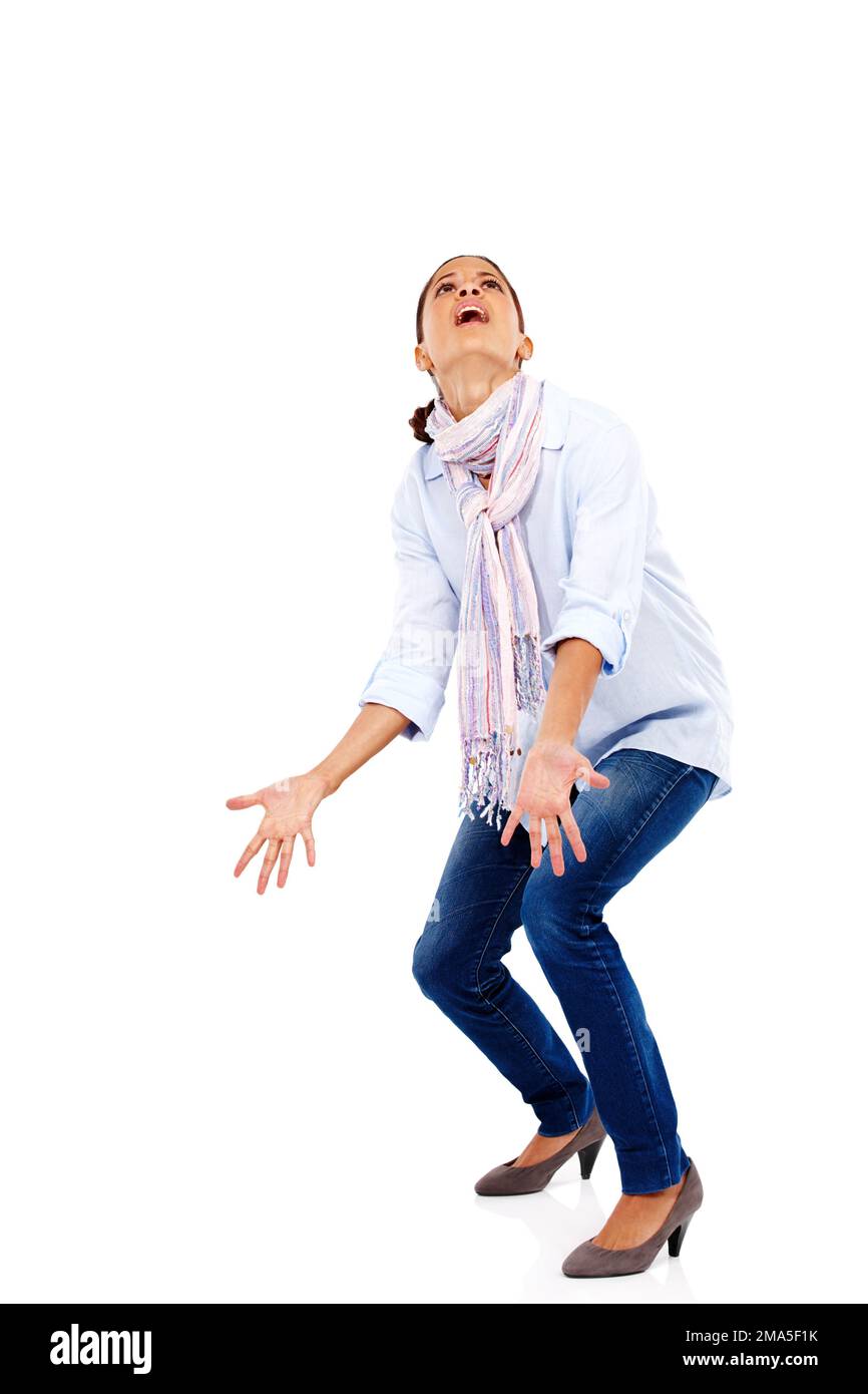 Stress, wtf and woman looking up in studio, surprise and shocked ...
