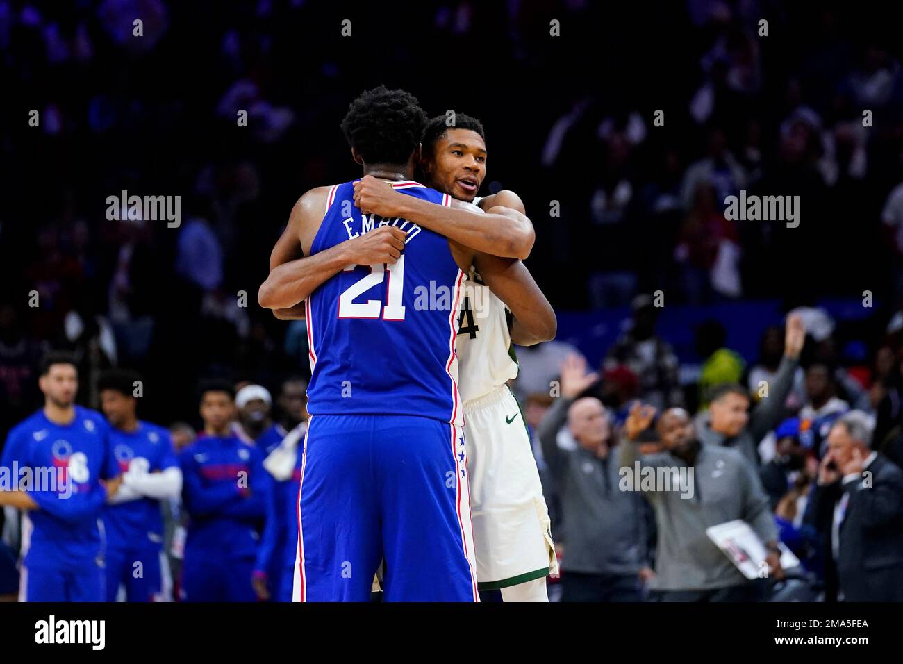Philadelphia 76ers' Joel Embiid, left, and Milwaukee Bucks' Giannis ...