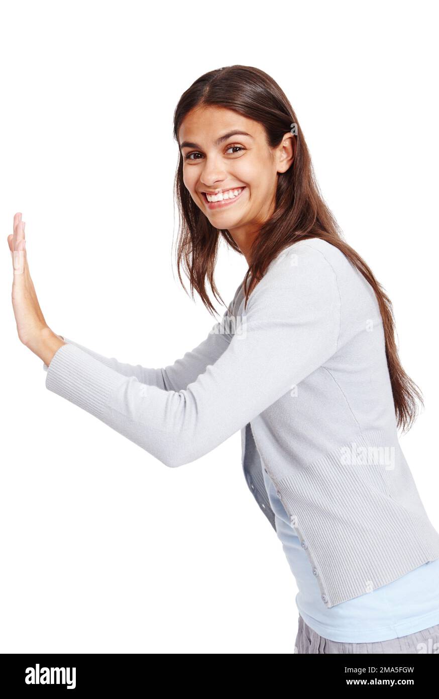 Happy, beautiful and portrait of a woman pushing the frame isolated on ...
