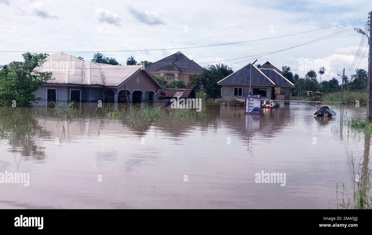 Partially submerged houses in a residential area in Bayelsa Nigeria ...