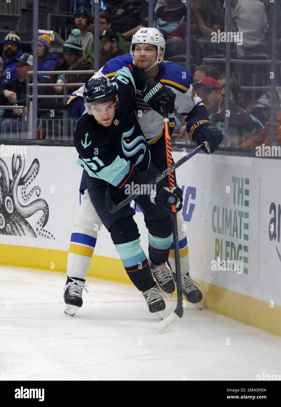 Seattle Kraken center Shane Wright (51) battles for the puck with St ...
