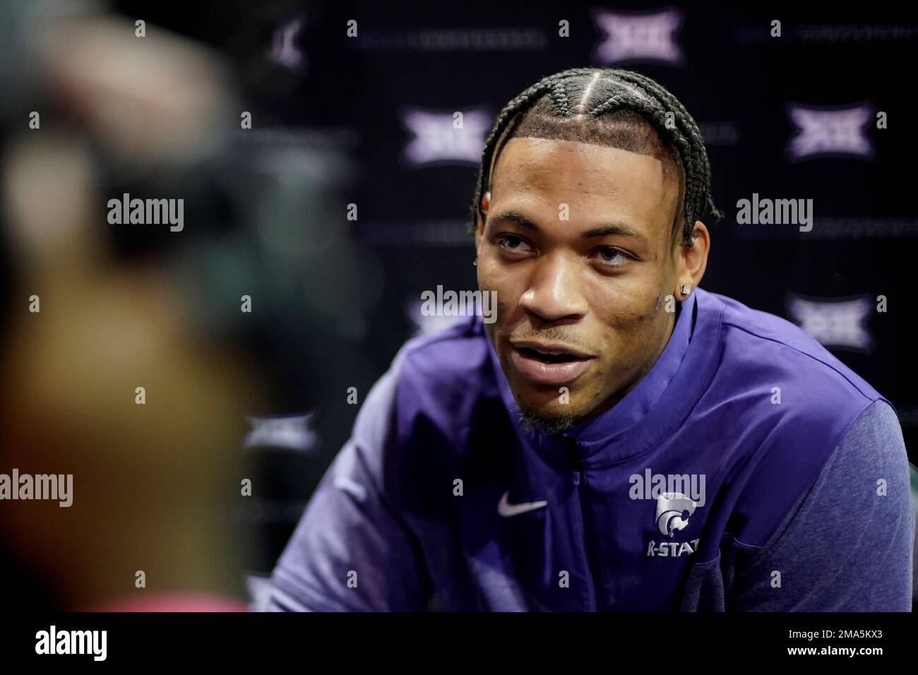 FILE - Kansas State forward Keyontae Johnson speaks to the media during ...