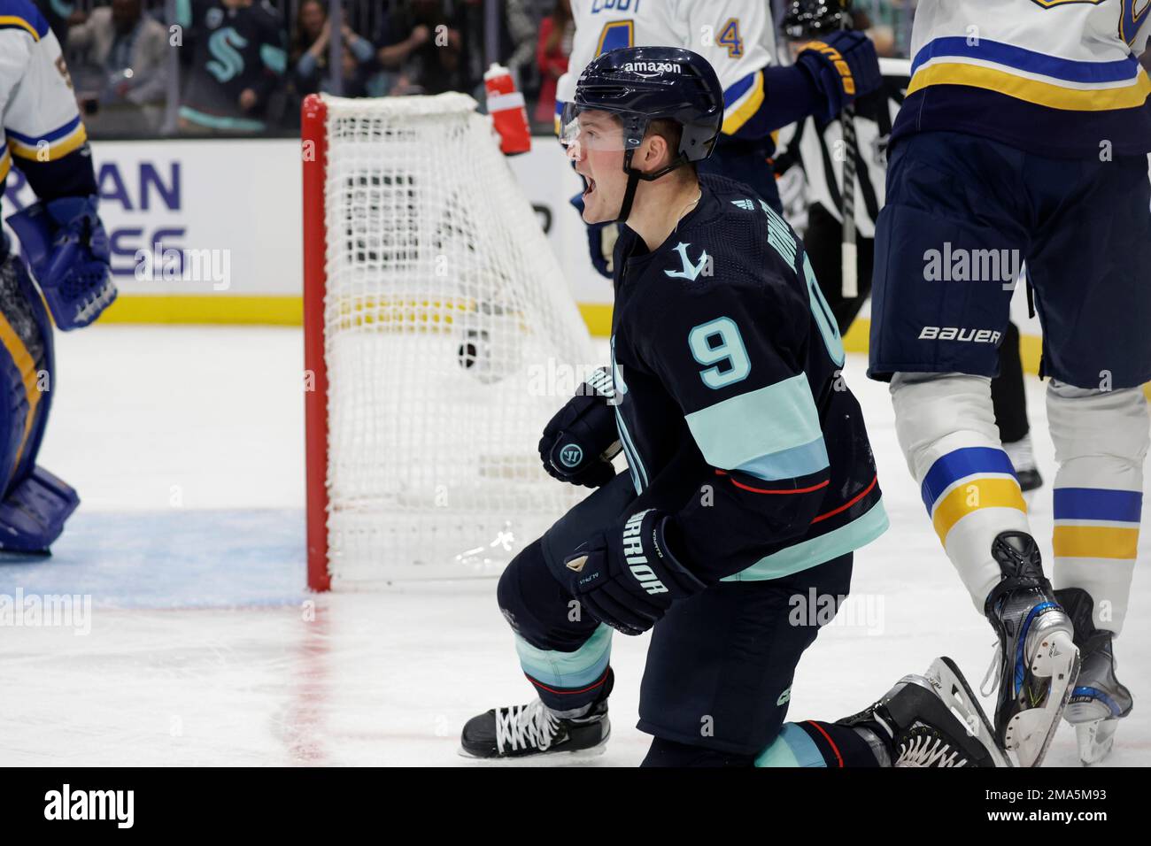 Seattle Kraken center Ryan Donato (9) celebrates after scoring against ...