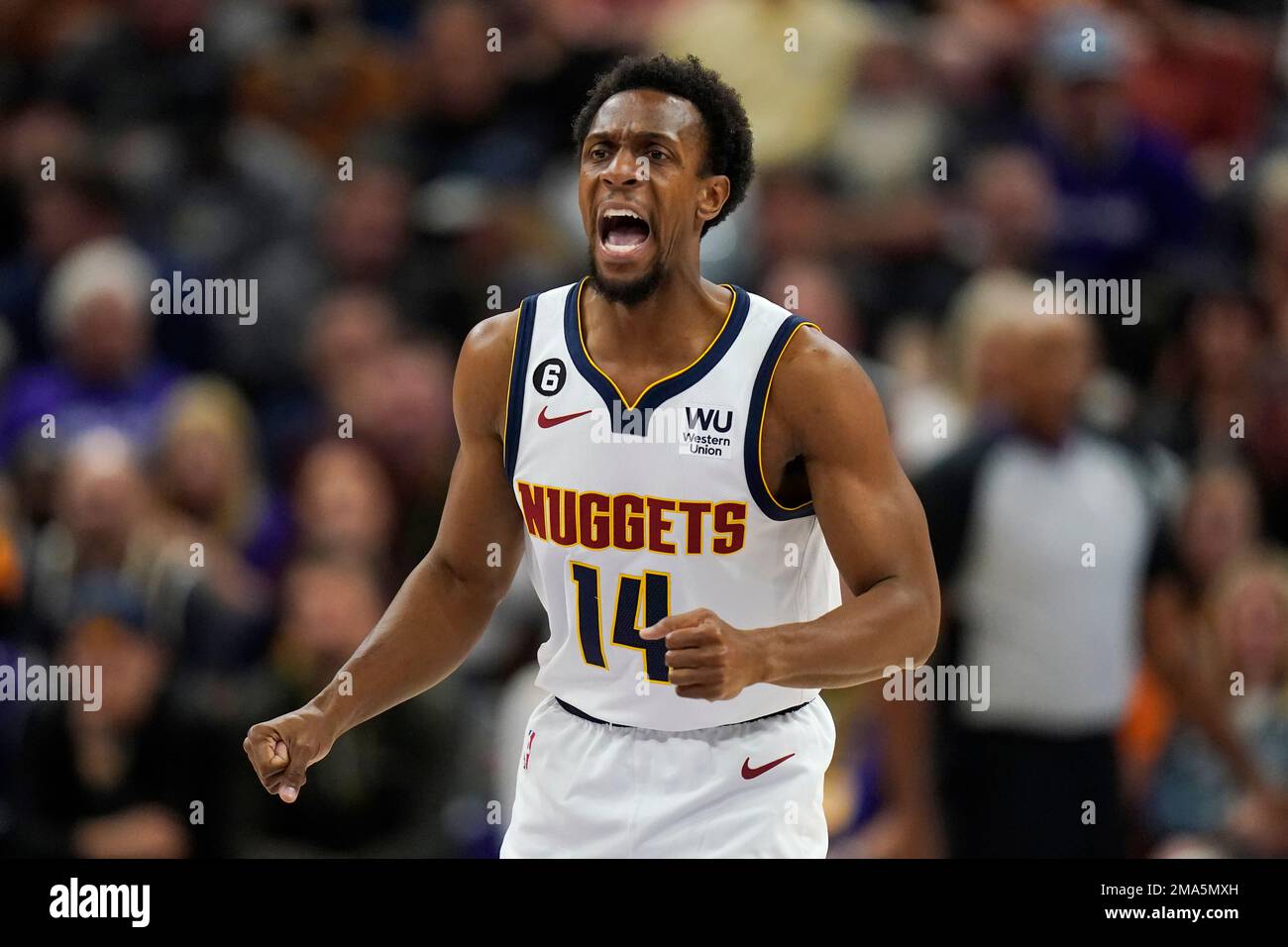 Denver Nuggets guard Ish Smith (14) shouts to his teammates during the ...