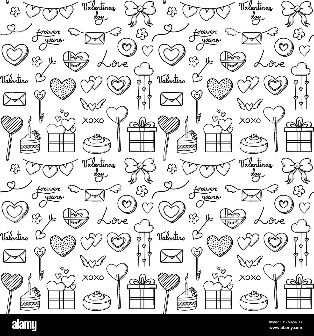 Valentines day vector seamless pattern. Doodle hand drawn illustration ...