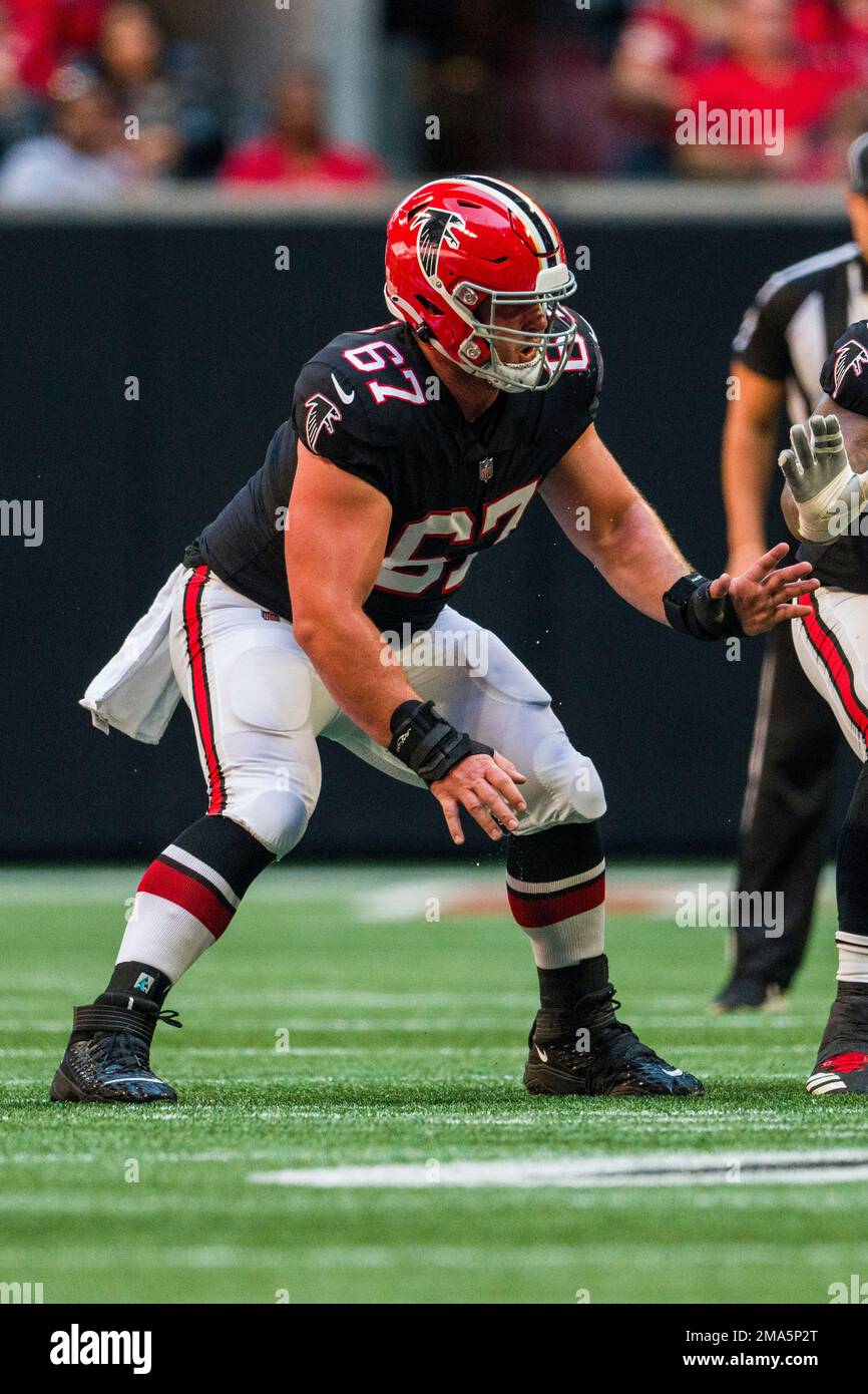 Atlanta Falcons offensive tackle Kaleb McGary (76) works during the ...