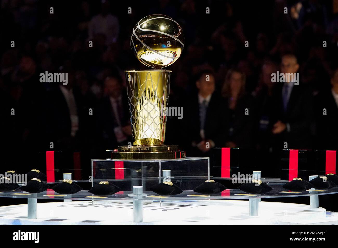 The Larry O'Brien Trophy is displayed during the 2021-2022 NBA ...