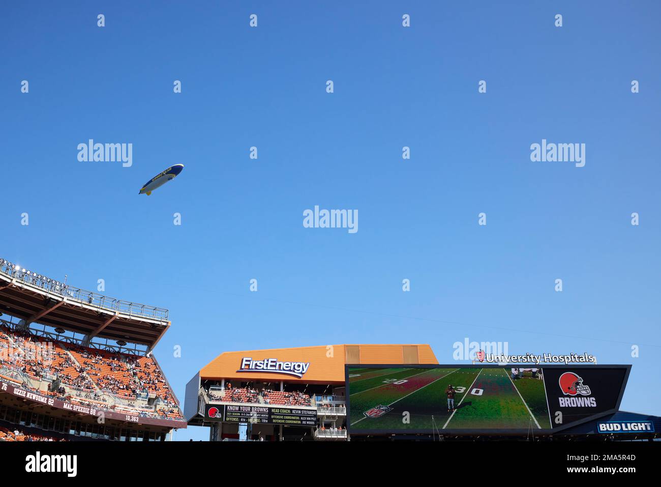 Goodyear blimps flies above FirstEnergy Stadium during an NFL football ...
