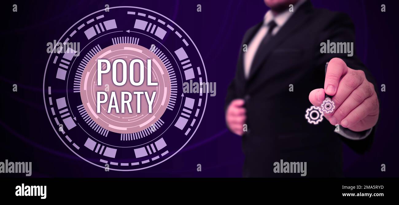 Conceptual caption Pool Party. Word Written on celebration that ...