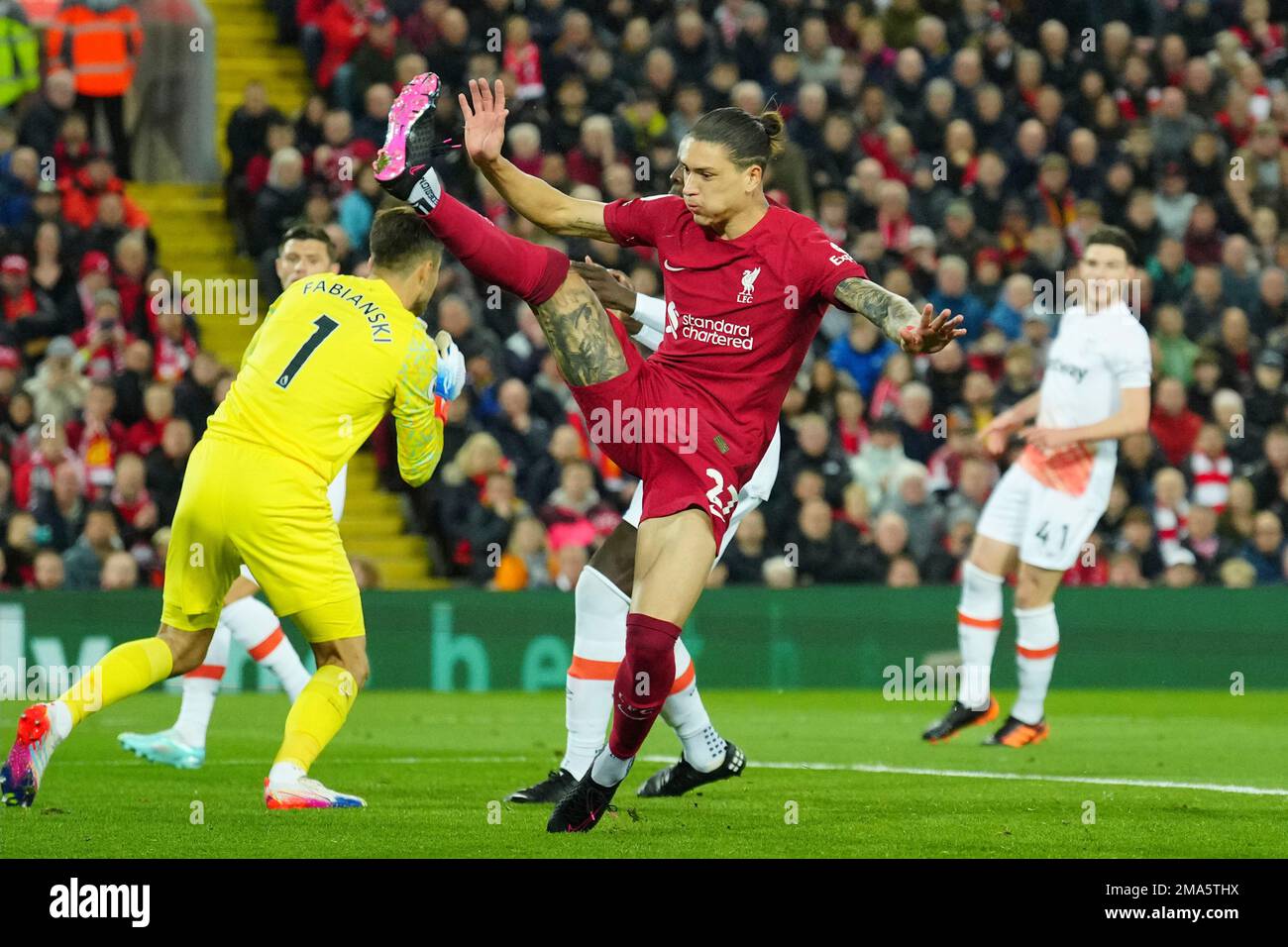 Liverpool's Darwin Nunez tries to reach the ball during the English ...