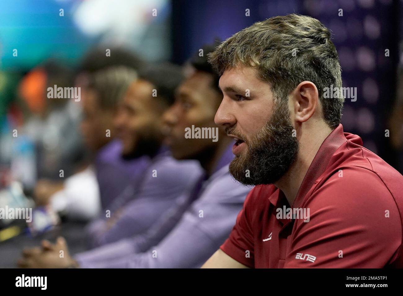 Oklahoma forward Tanner Groves speaks to the media during Big 12 NCAA ...