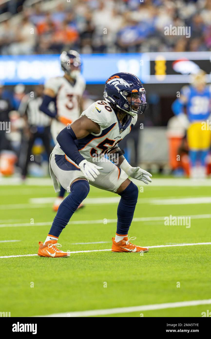 Denver Broncos linebacker Jonas Griffith (50) against the Los Angeles ...