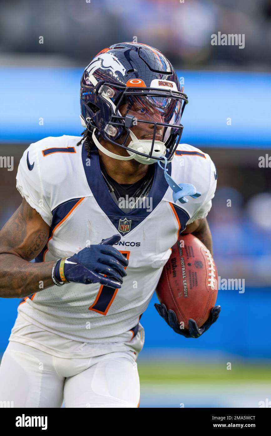 Denver Broncos wide receiver KJ Hamler (1) warms up before playing ...