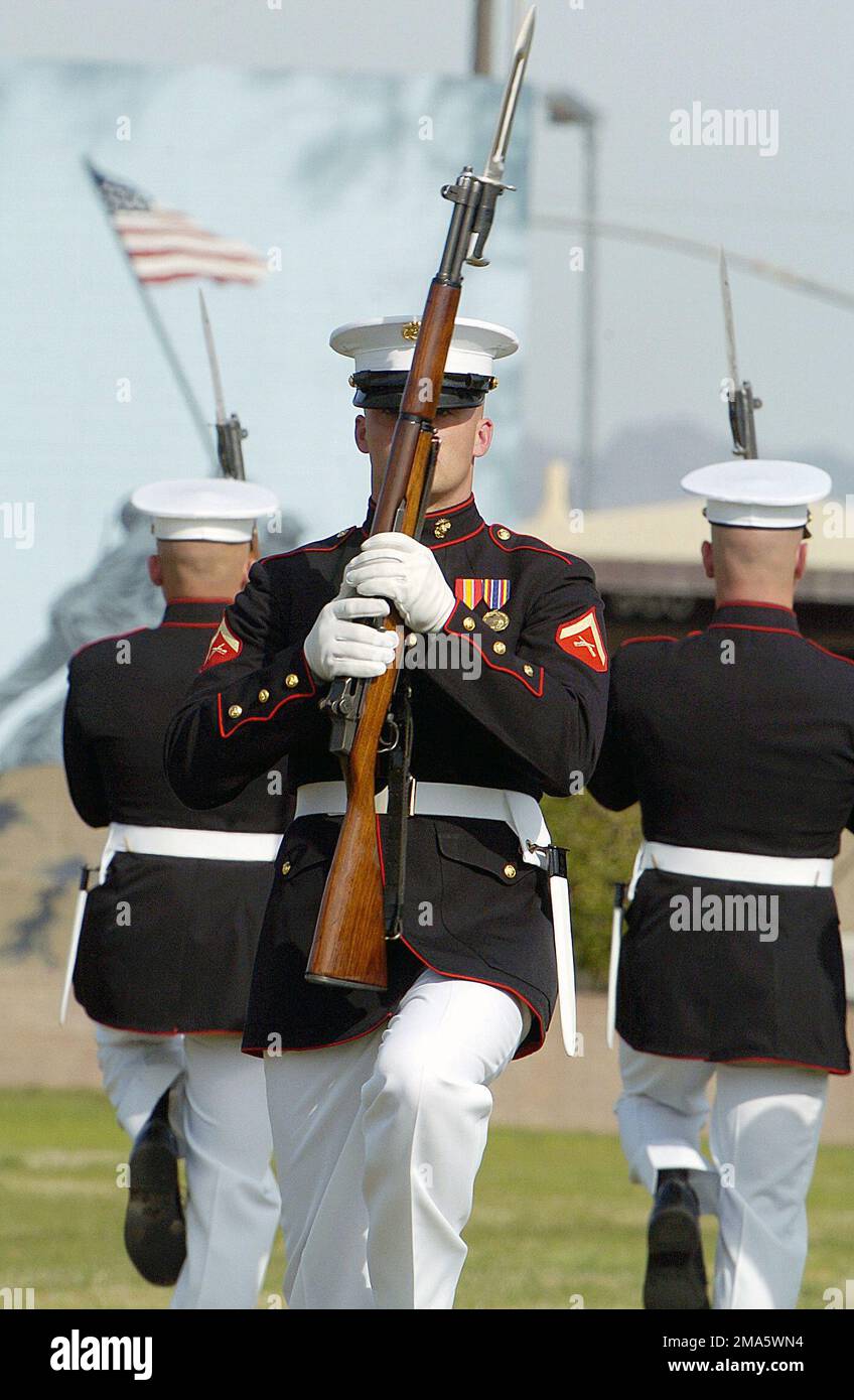 Members of the US Marine Corps (USMC) Silent Drill Platoon, perform on ...
