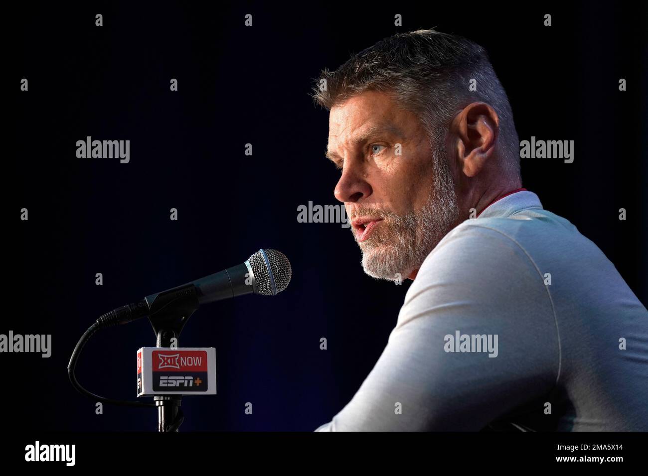 Oklahoma head coach Porter Moser speaks to the media during Big 12 NCAA ...
