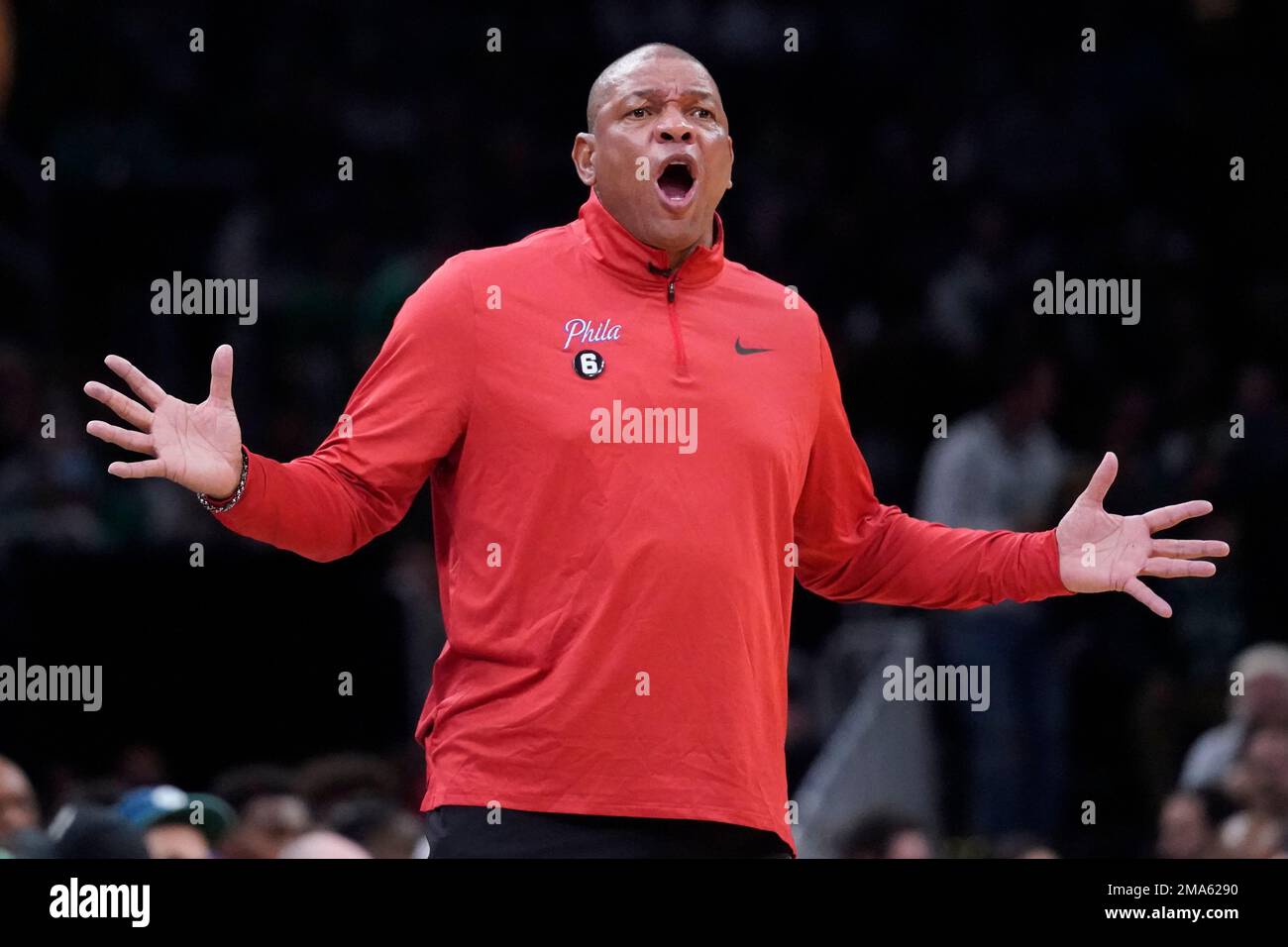 Philadelphia 76ers head coach Doc Rivers reacts to a call during the ...