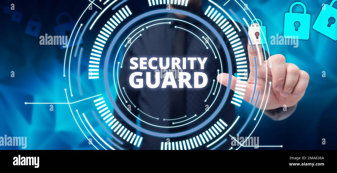 Hand writing sign Security Guard. Concept meaning tools used to manage ...