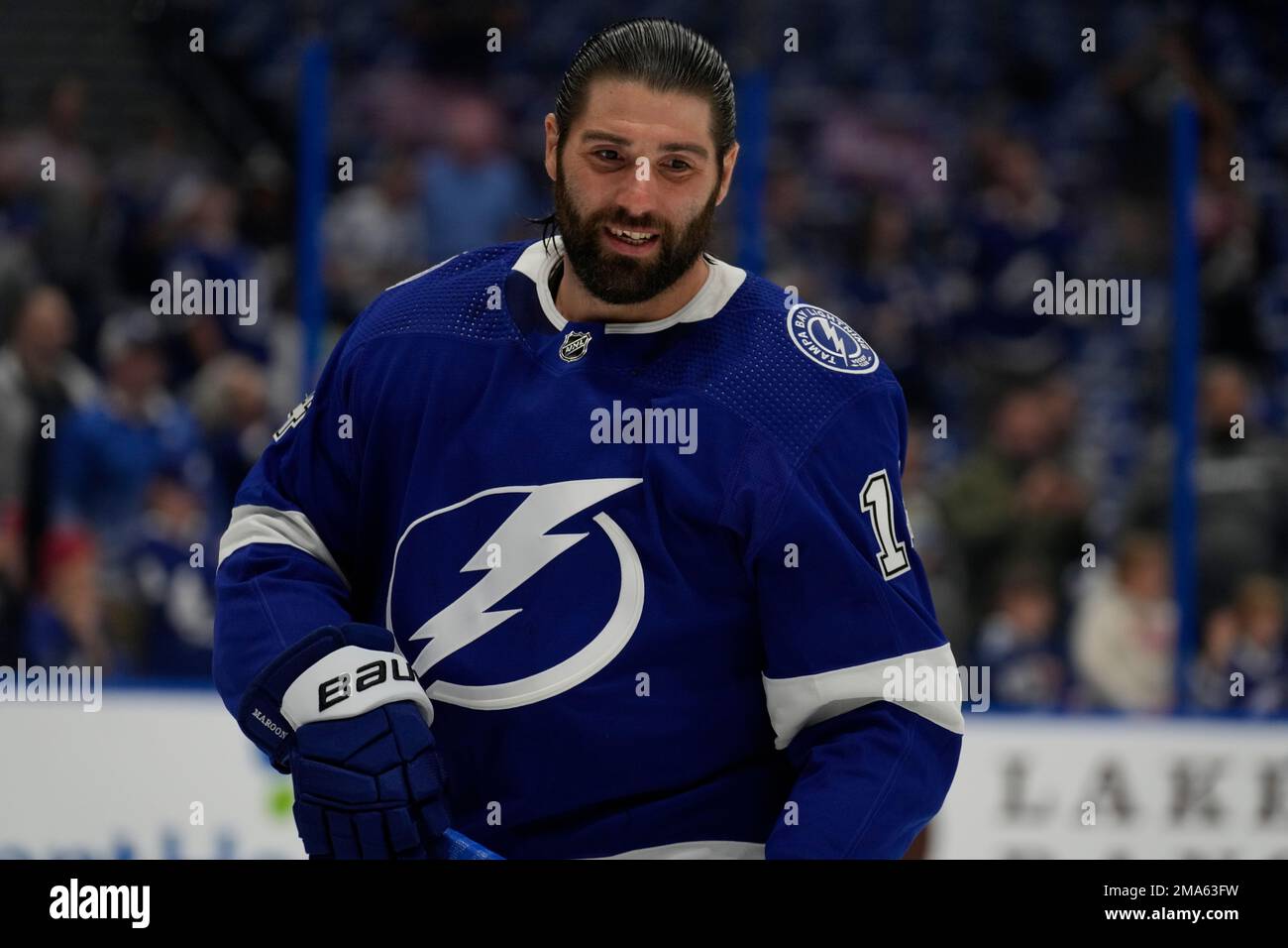 Tampa Bay Lightning left wing Pat Maroon (14) before an NHL hockey game ...