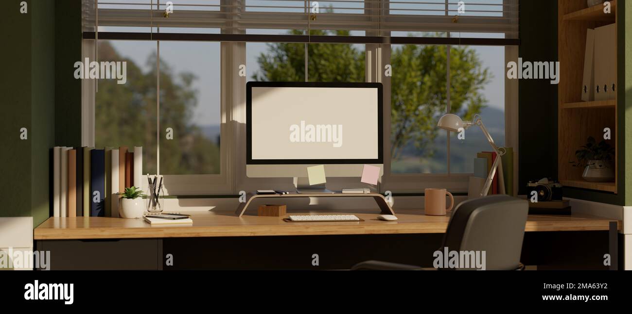 Comfortable home office workspace interior design with PC desktop ...