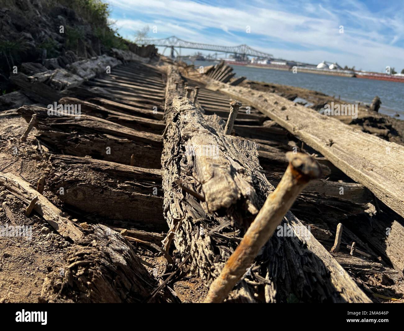 A shipwreck is exposed along the banks of the Mississippi River in ...
