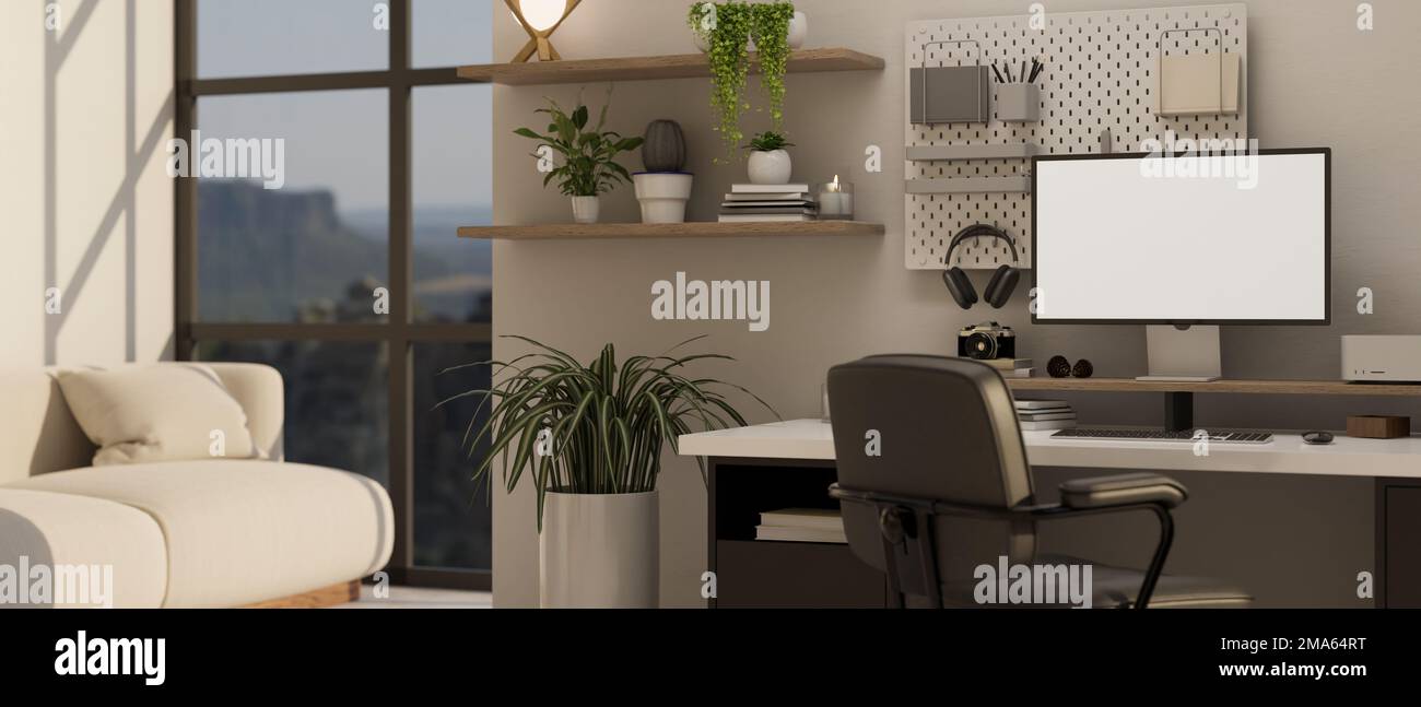 Modern comfortable home office or working space in living room interior ...