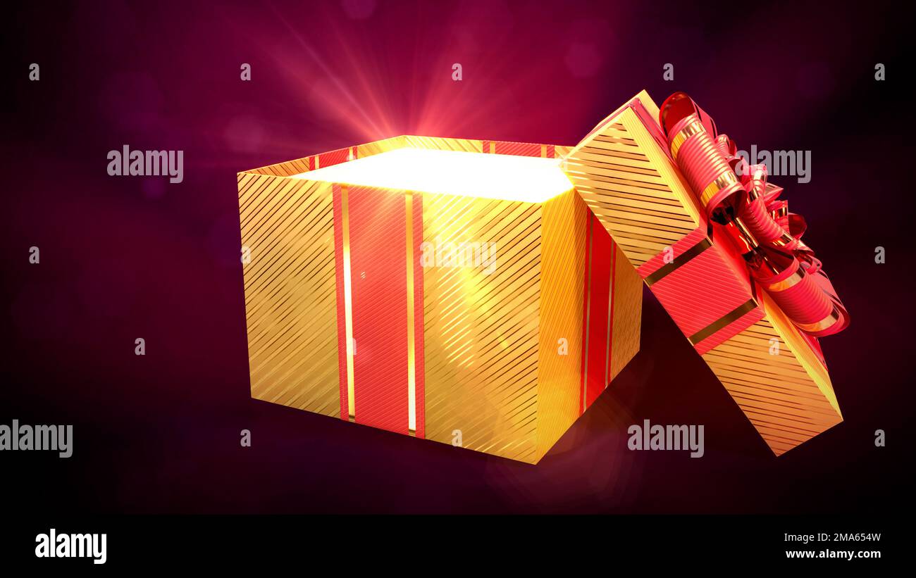 opened golden and red gift box with light from inside - object 3D ...