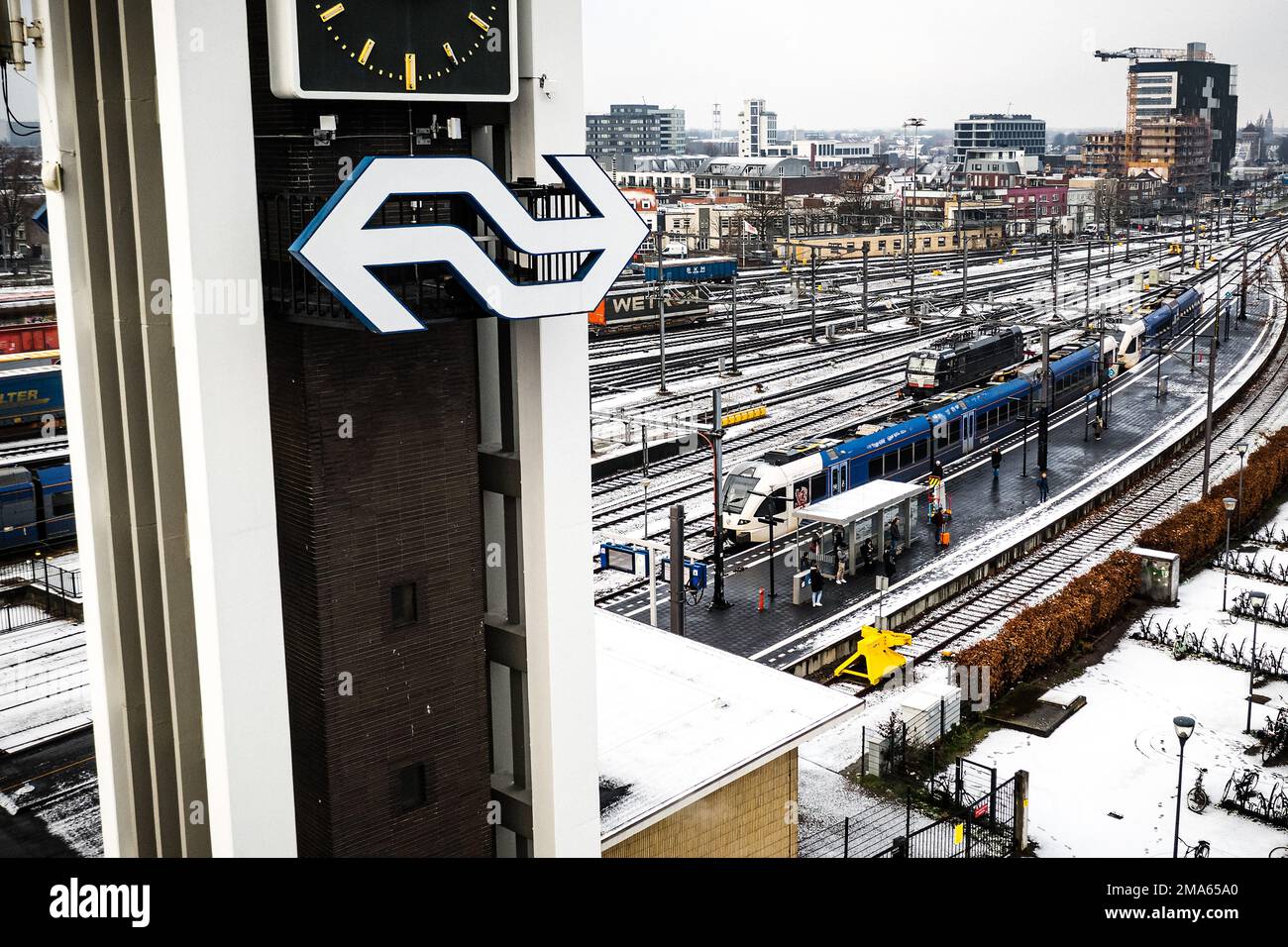 VENLO - A drone photo of stationary trains at the station in Venlo ...