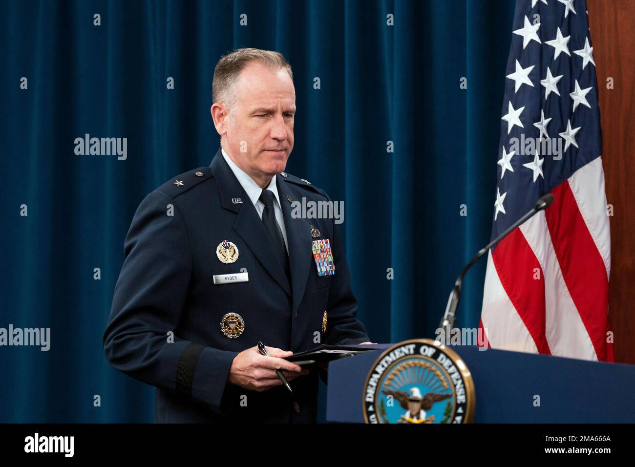 Pentagon spokesman U.S. Air Force Brig. Gen. Patrick Ryder arrives to speak for a media briefing ...