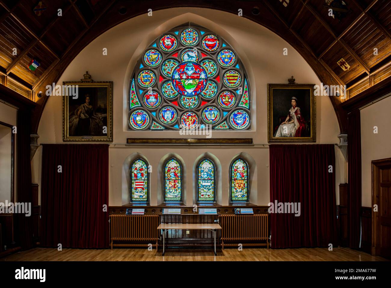 Leaded glass in the hall of the town hall, Lerwick, Shetland Islands ...