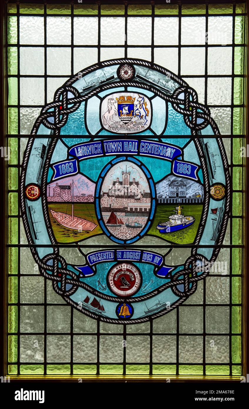 Leaded glass in the town hall showing the town coat of arms and ...
