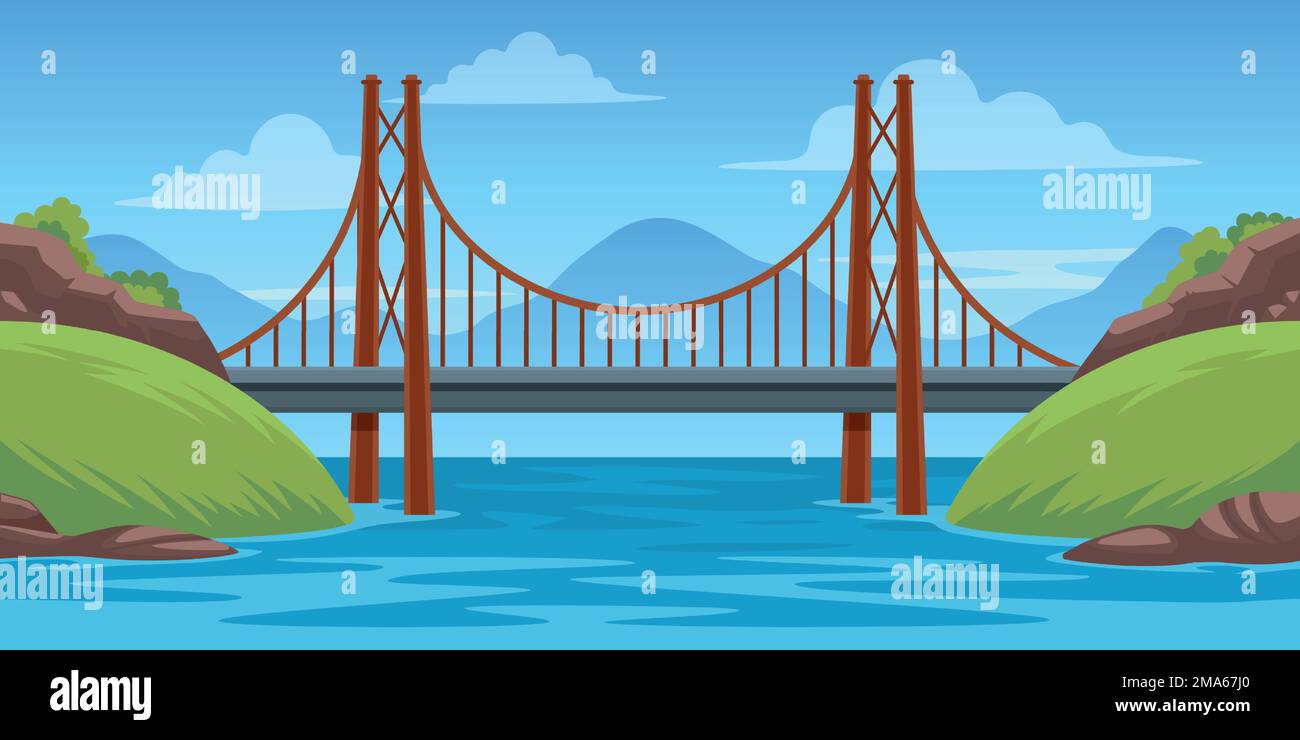 Bridge landscape. Panoramic scene with bridgework across river cartoon ...