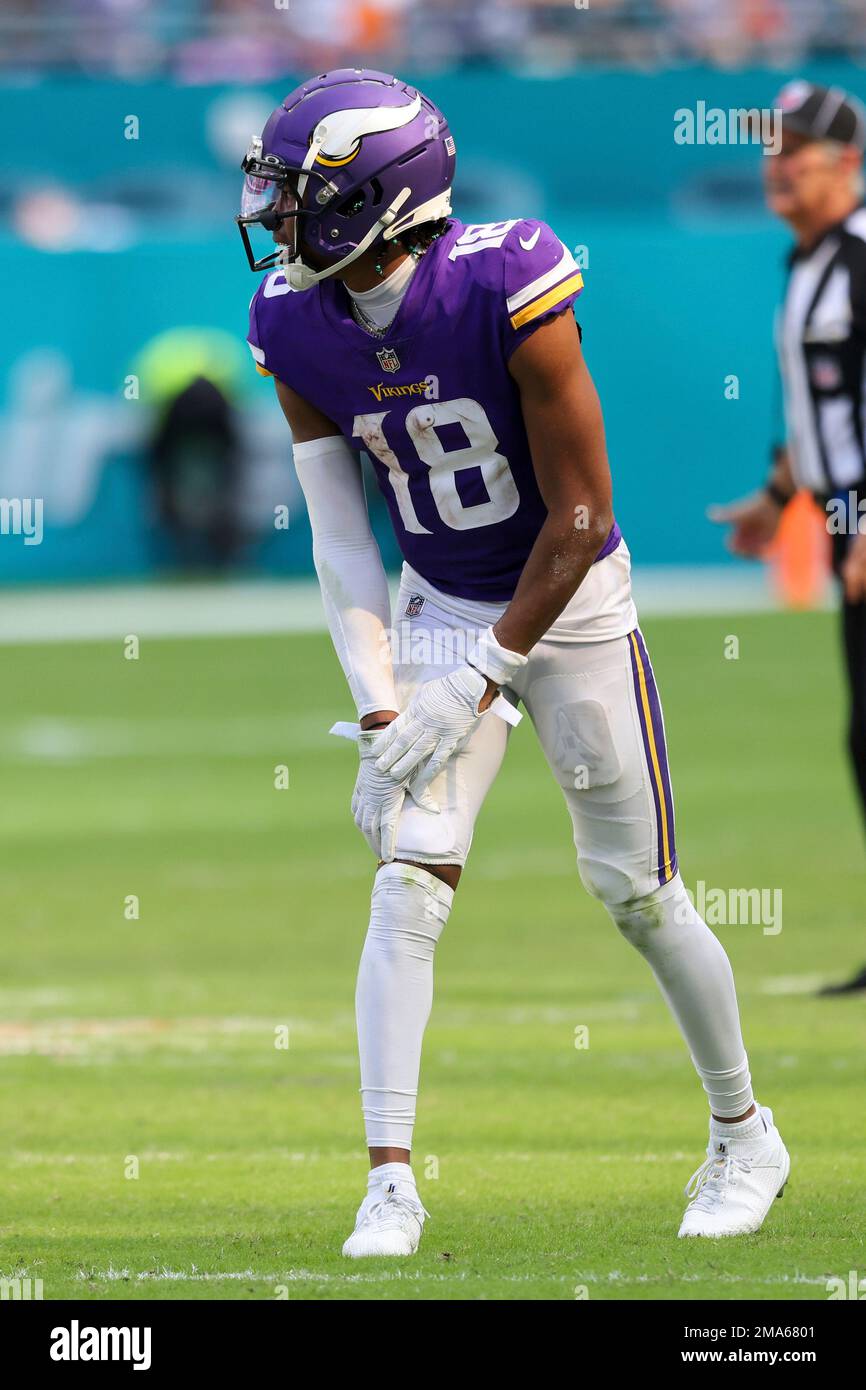 Minnesota Vikings wide receiver Justin Jefferson (18) lines up during a NFL football game ...